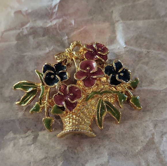 Vintage | Jewelry | Vintage Enamel Flower Basket Pin Brooch Gold Tone ...